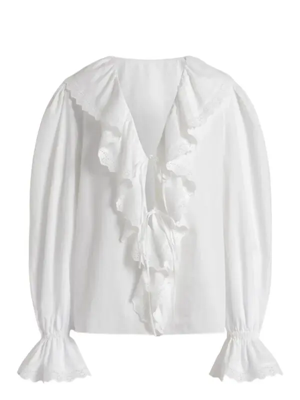 Alberta Ferretti Poplin Blouse With Ruffles And Tie-front Opening - White