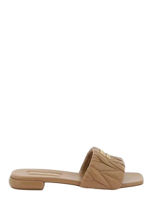 Miu Miu Matelassé Nappa Leather Slides With Logo Detail - Caramel Color