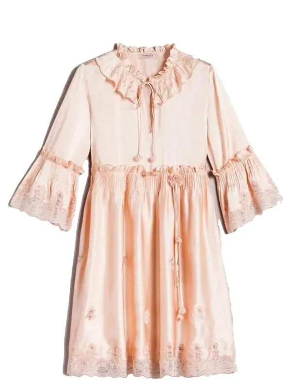TWINSET Dress With Lace And Ruffle Details - Nude