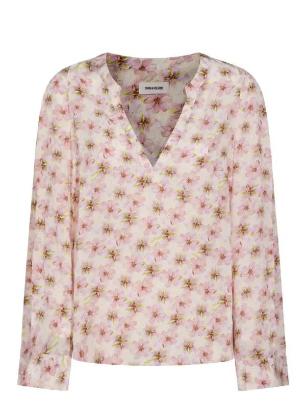 Zadig&Voltaire Floral Print V-neck Long Sleeve Top - Nude