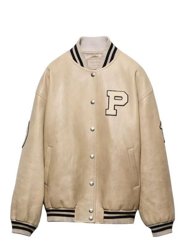 Prada Leather Bomber Jacket With Patch Embellishments - Ivory