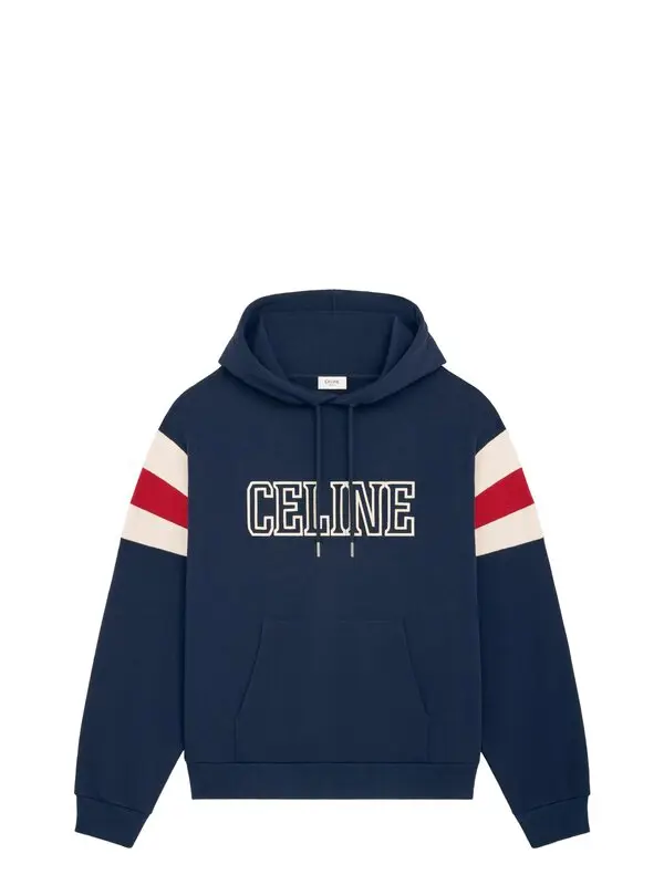 Celine Loose Hoodie In Cotton Fleece - Navy Blue/vermilion/white