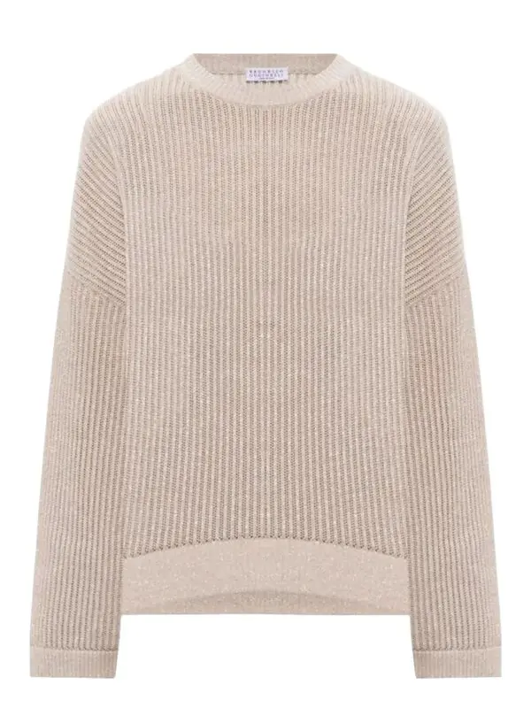 Brunello Cucinelli Ribbed Crew Neck Long Sleeve Sweater - Beige