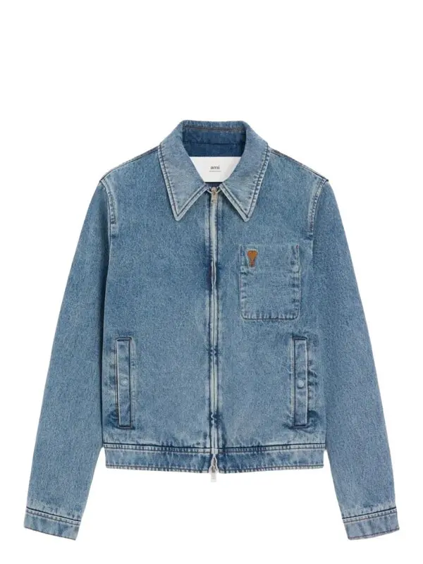 Ami Logo Embroidered Zipped Denim Jacket - Blue