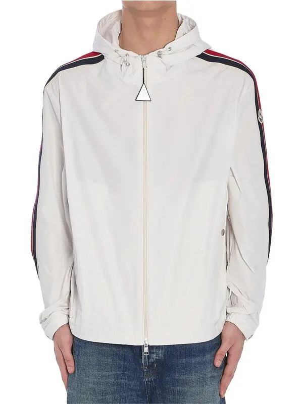 Moncler Zip-up Hooded Jacket With Striped Sleeves - Milky White