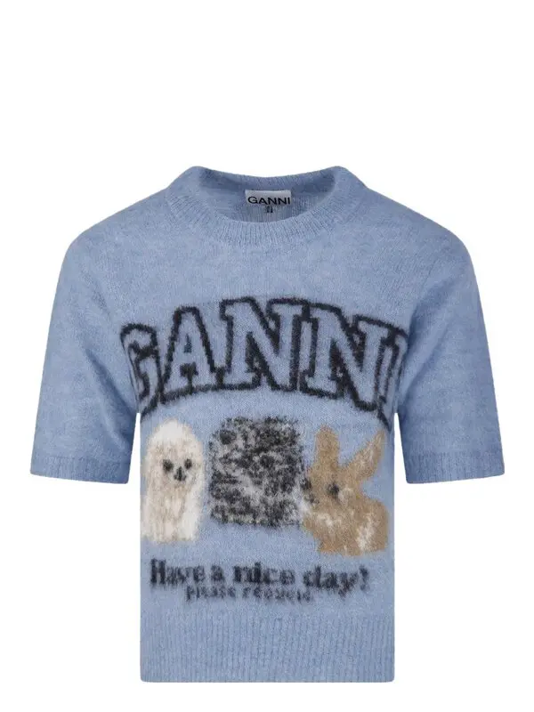GANNI Animal Intarsia Short Sleeve Jumper - Black