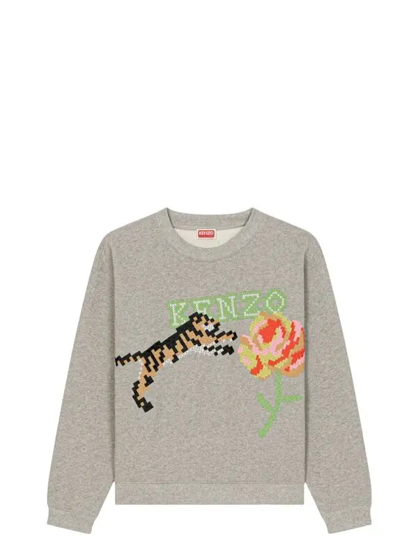 Kenzo Pixelated Tiger And Logo Crewneck Sweatshirt - Gray