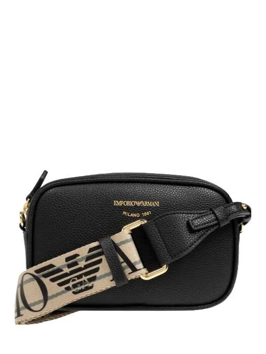 Emporio Armani Textured Leather Shoulder Bag With Logo Strap - Black