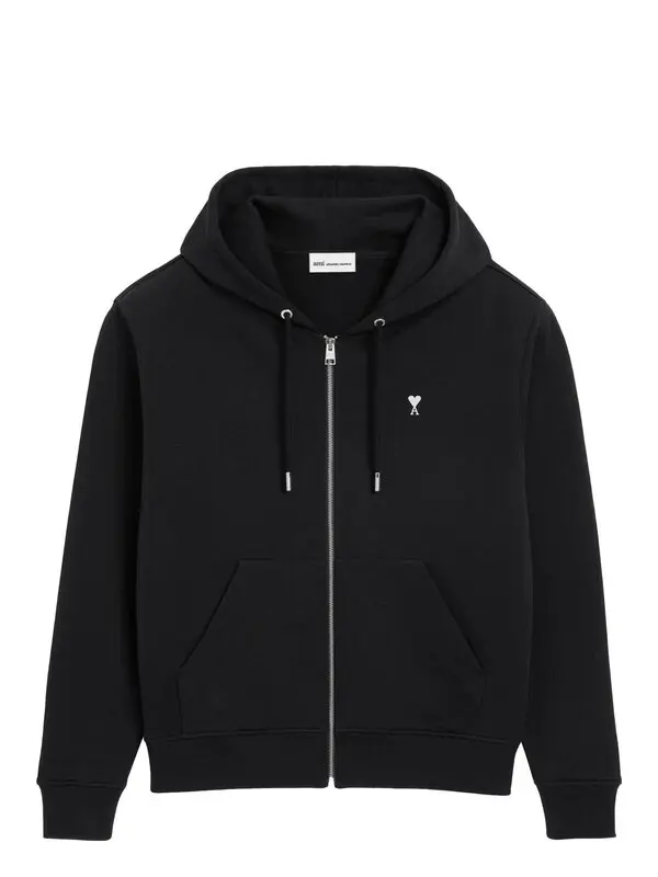 Ami Zip-up Hoodie With De Coeur Embroidery - Black