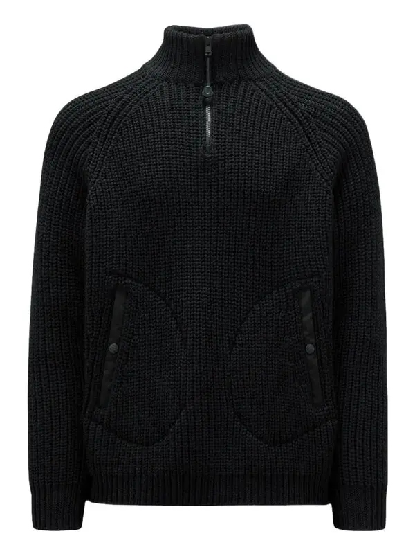 Moncler Wool Jumper With Zipper Detail And Elbow Logo Patch - Black