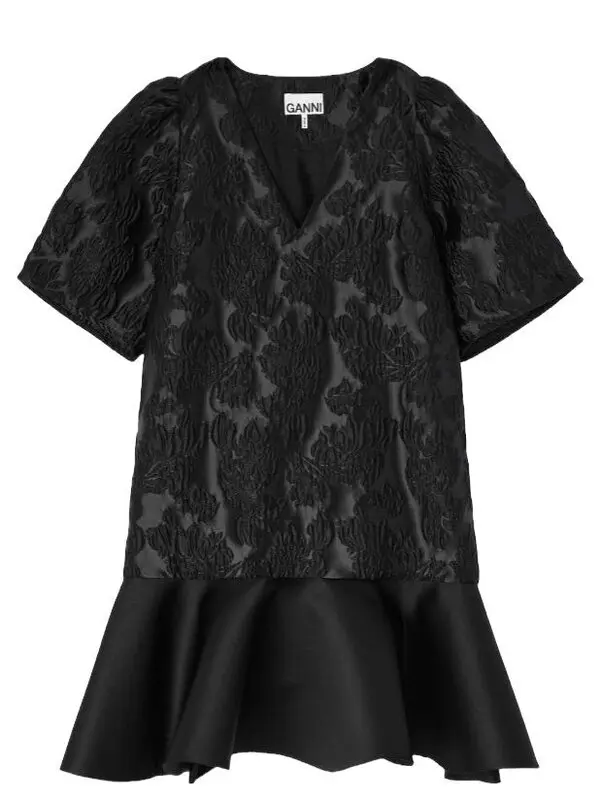 GANNI Satin Cloqué Mini Dress With Puff Sleeves And Ruffled Hem - Black
