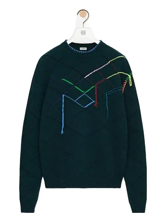 Loewe Long-sleeved Wool Sweater With Contrast Topstitching - Dark Green/multicolour