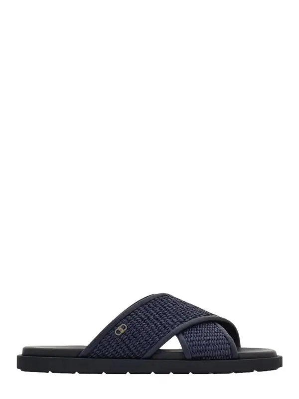 FERRAGAMO Gancini Ornament Raffia Sandals - Navy Blue