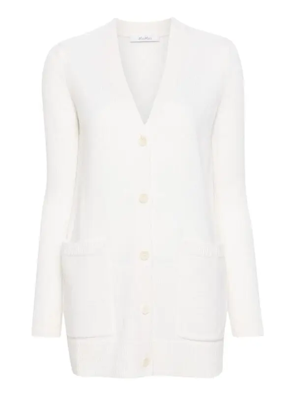 Max Mara Long Sleeve V-neck Button Cardigan With Embellished Logo - White