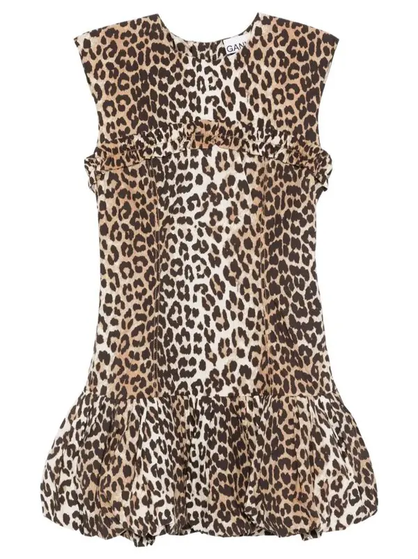 GANNI Printed Peplum Hem Mini Dress - Leopard
