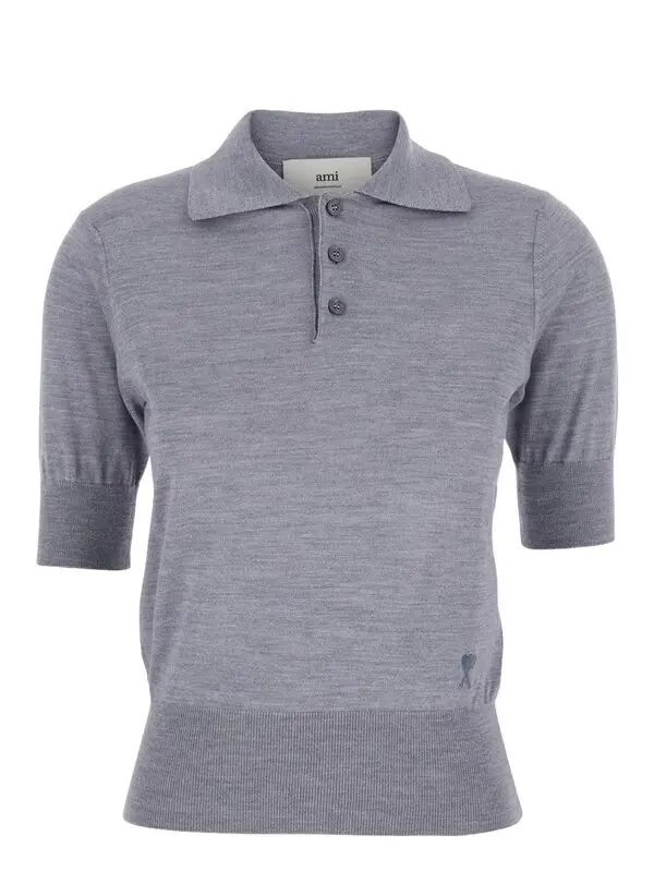 Ami Short-sleeve Polo Top With Ribbed Accents - Grey