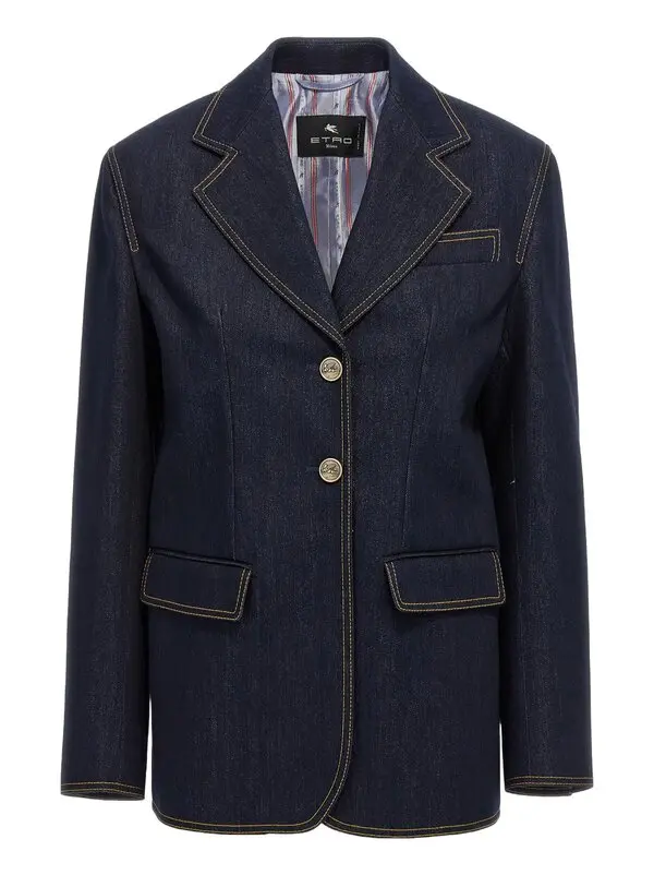 Etro Single-breasted Long-sleeved Denim Blazer - Black