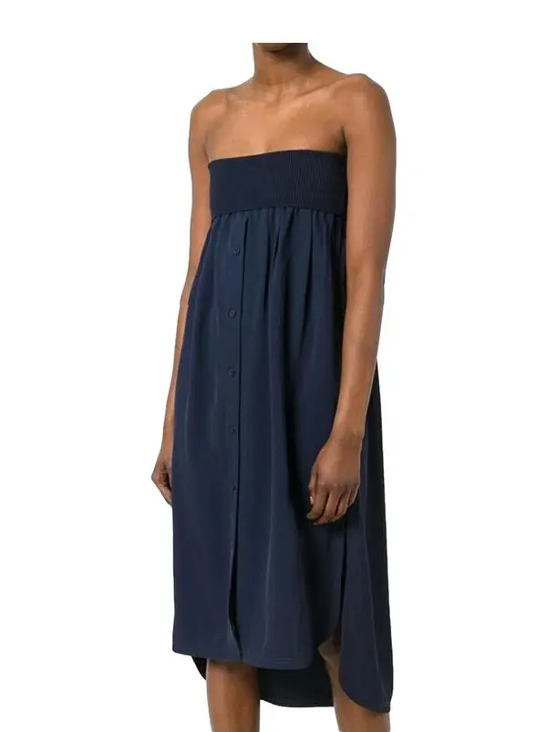 Dkny Navy Blue Strapless Midi Dress With Button Detailing - Black