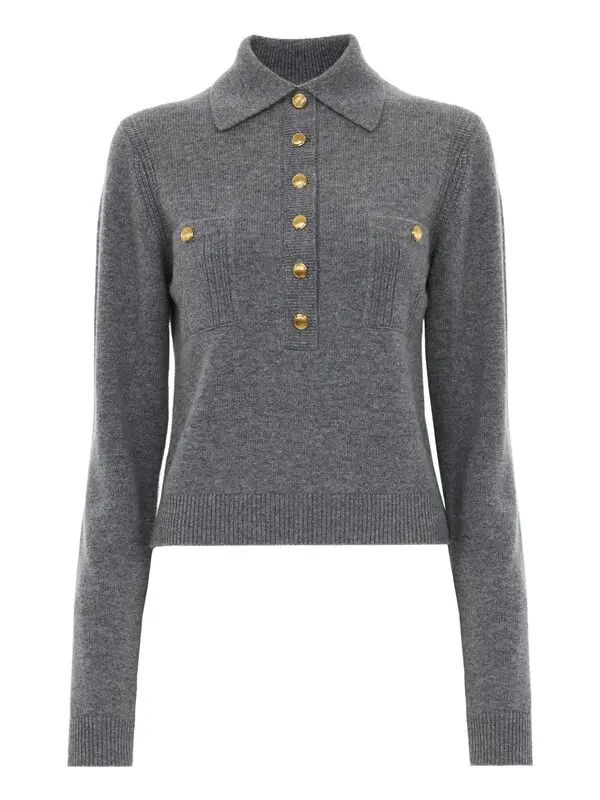 Chloé Fine-knit Polo Jumper With Gold-tone Buttons - Holy Ash