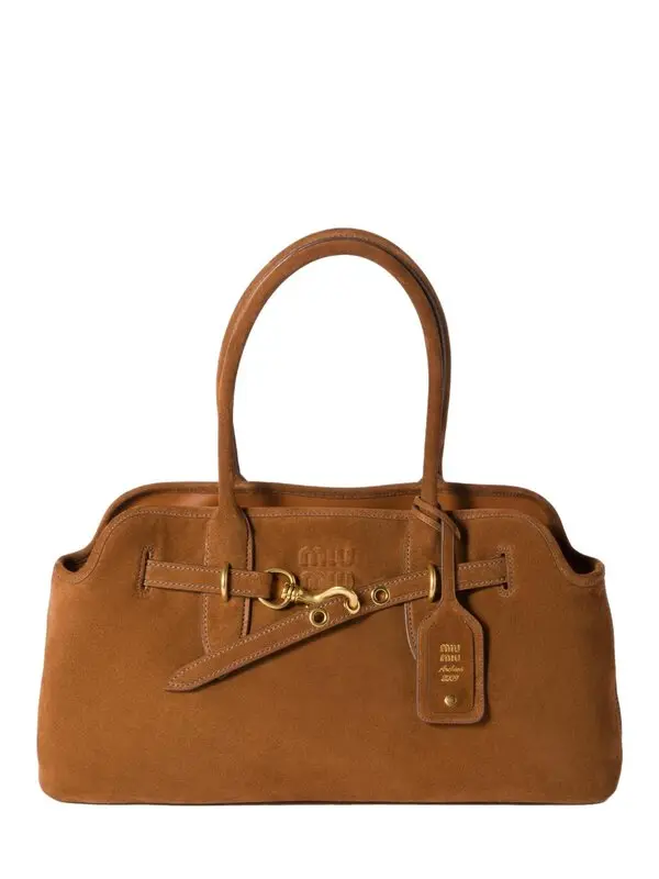 Miu Miu Suede Top Handle Bag With Gold-tone Hardware - Oak