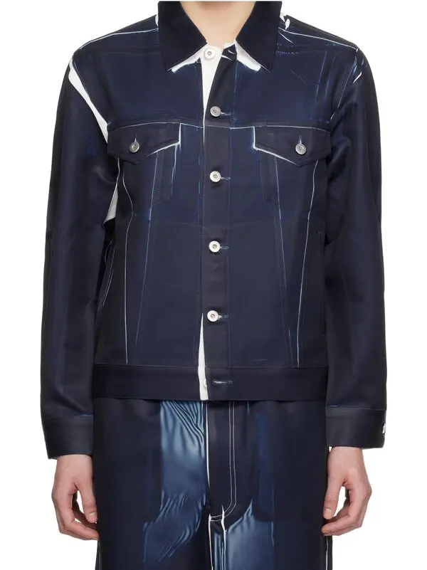 Comme Des Garçons Printed Buttoned Denim Jacket - Navy Blue