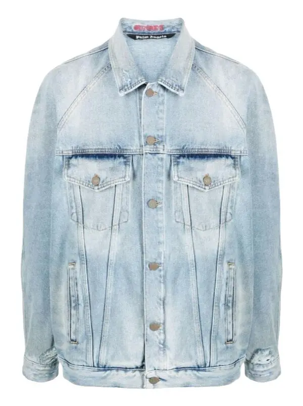 Palm Angels Distressed Logo Patch Denim Jacket - Blue