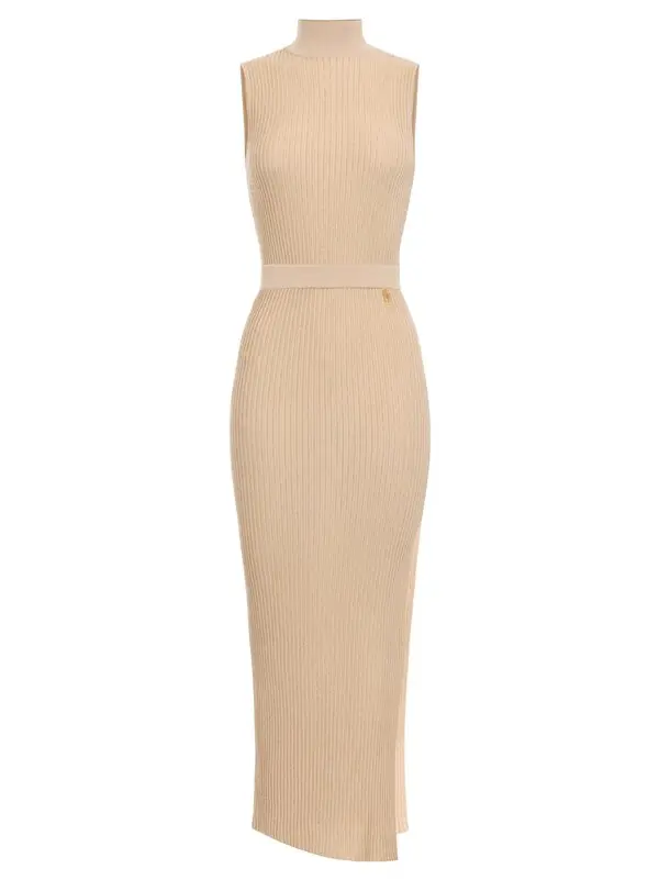 Elisabetta Franchi Ribbed High Neck Sleeveless Midi Dress With Logo Detail - Nude