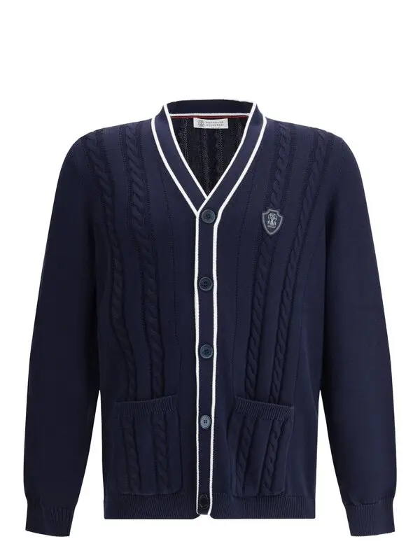 Brunello Cucinelli Cable Knit Cardigan With Logo Patch - Navy Blue