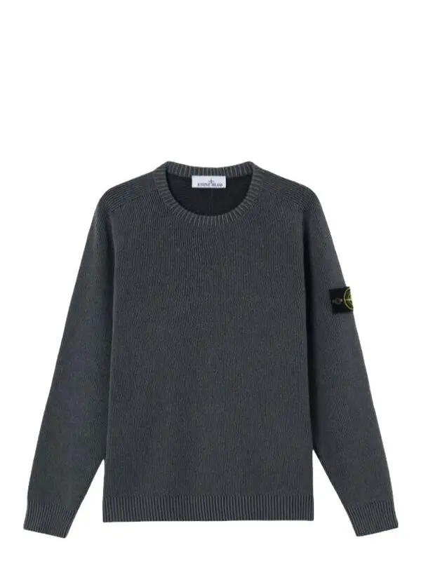 Stone Island Ribbed Crew Neck Sweater With Badge Detail - Charcoal Grey Melange