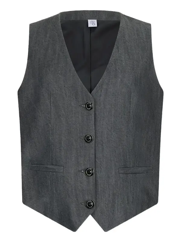 Liu Jo V-neck Buttoned Denim Gilet With Back Strap And Welt Pockets - Grey