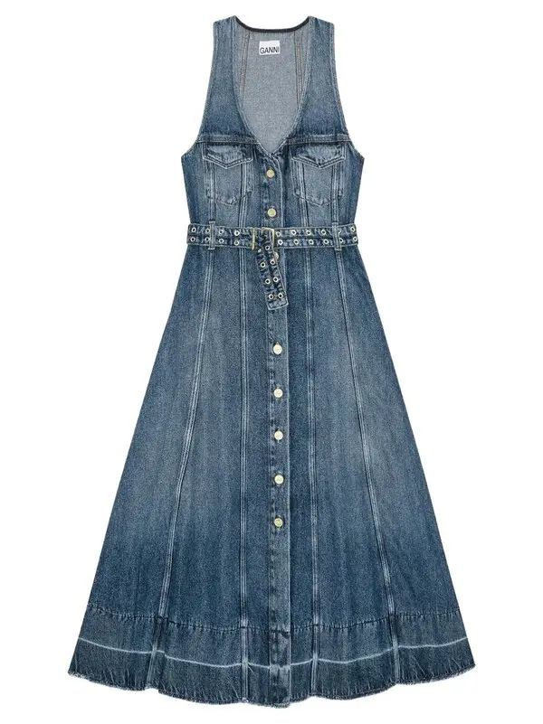 GANNI Light Denim Belt Midi Dress - Chinese Blue Retro