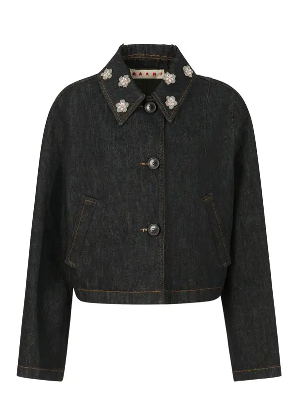 Marni Daisy Appliqué Cropped Denim Jacket - Blue-black