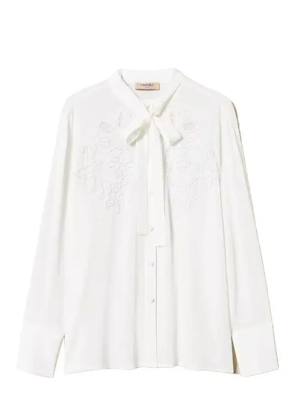 TWINSET Georgette Shirt With Floral Embroidery And Pussy Bow - White