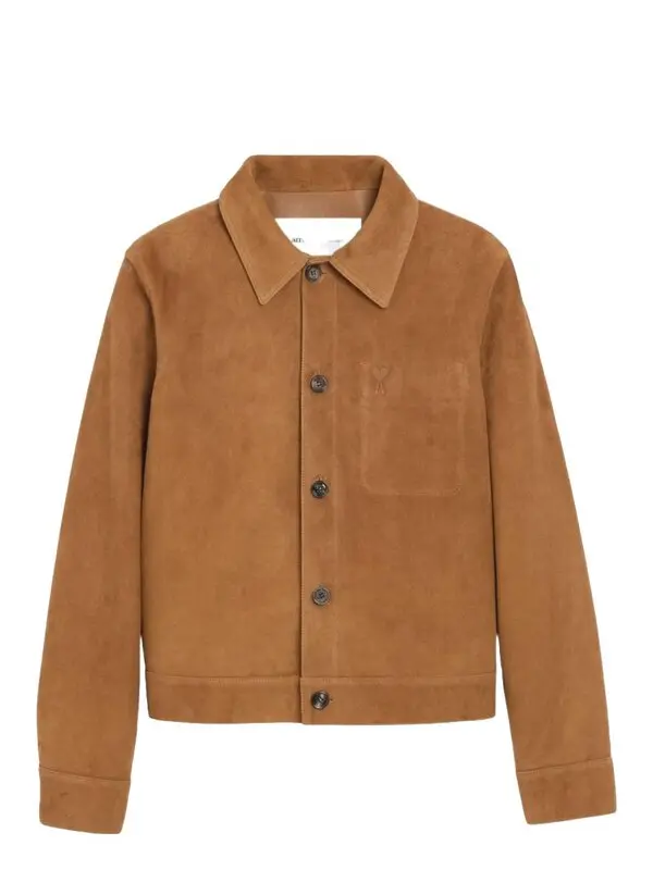 Ami Suede Logo Detailed Button-up Jacket - Brown