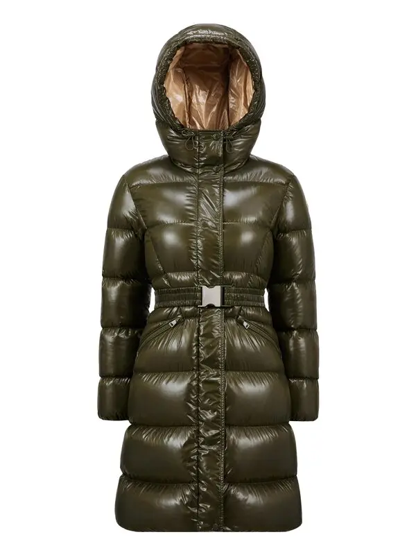 Moncler Bellevue Long Down Coat With Belted Waist - Dark Green