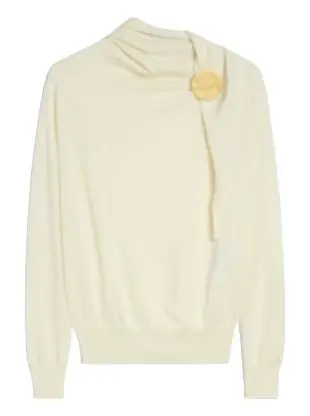 JIL SANDER Draped Neck Knitted Jumper With Jeweled Brooch - Eggshell