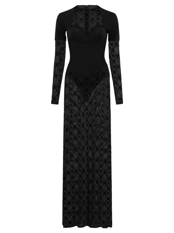 MARINE SERRE Layered Jersey Mesh Flock Long Dress - Black