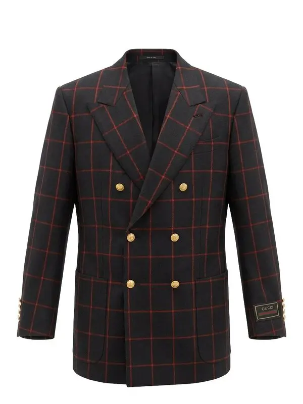 Gucci Checked Double Breasted Wool Blazer - Black
