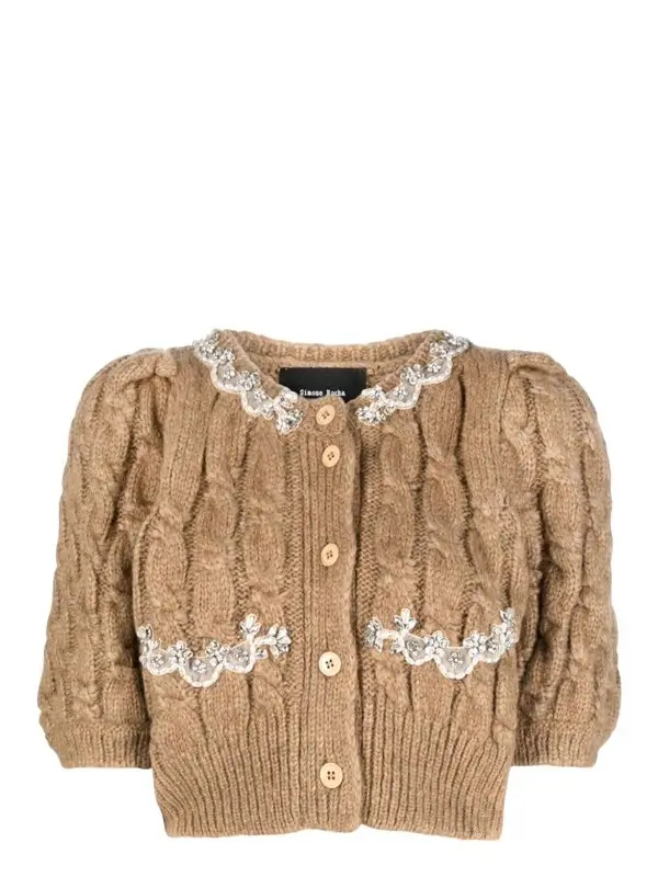 Simone Rocha Cable-knit Cropped Cardigan With Embellishments - Brown