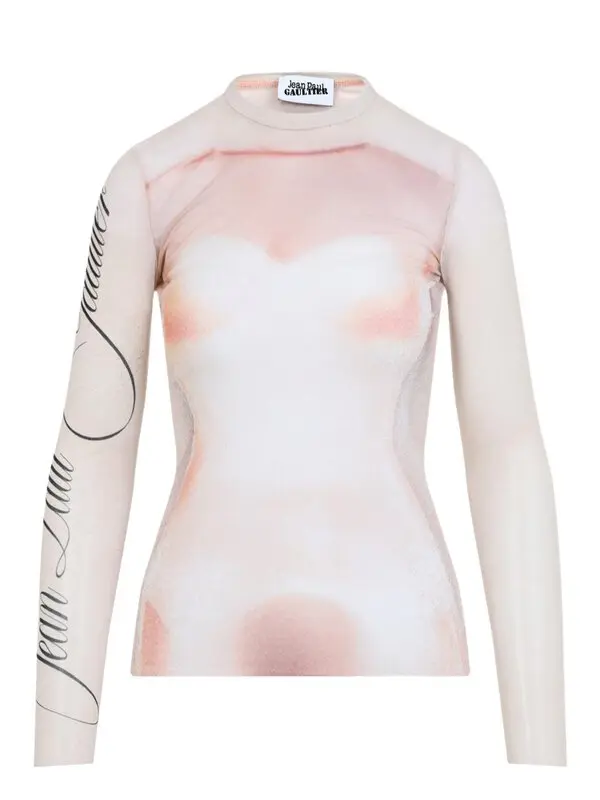 JEAN PAUL GAULTIER Mesh Tattoo Print Long Sleeve Top - White
