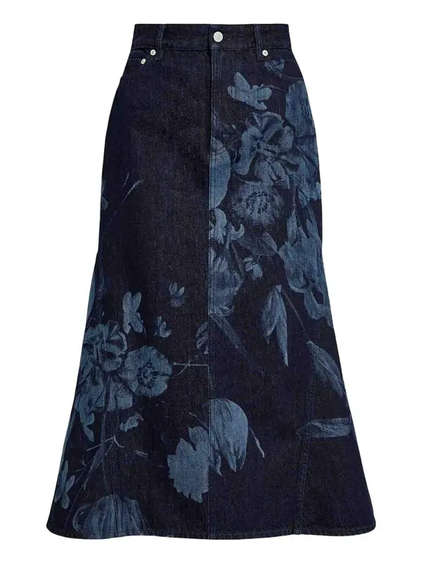 Erdem Belt Loop Midi Skirt With Floral Print - Dark Blue