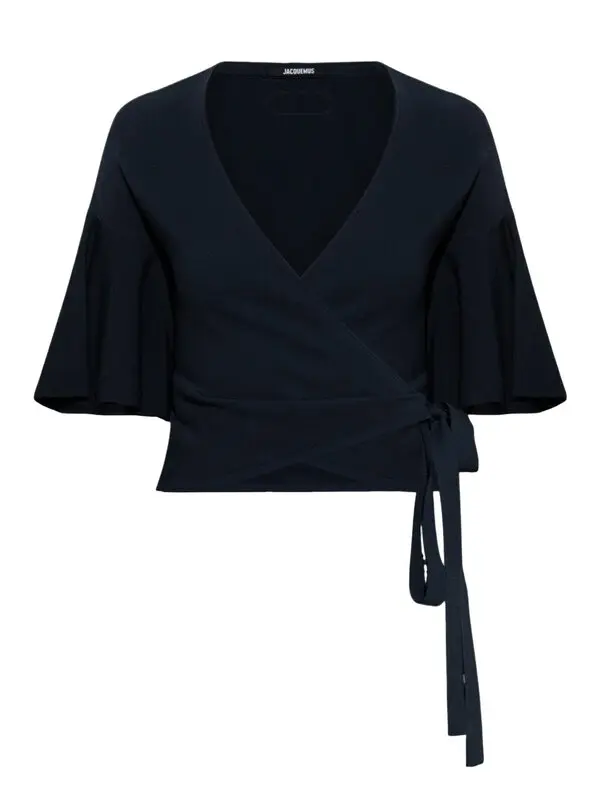 Jacquemus Knit Top With V-neck And Ruffled Cuffs - Navy Blue