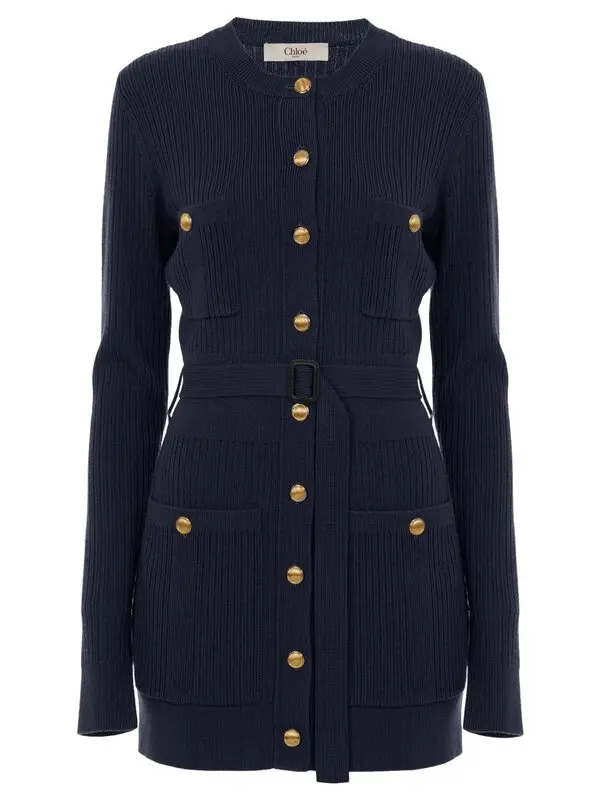 Chloé Long-sleeved Knitted Midi Dress With Gold Military Buttons - Navy