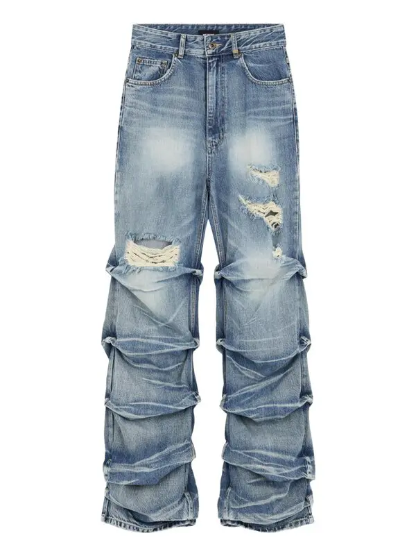 We11Done Denim Trousers With Belt Loops And Distressed Details - Blue