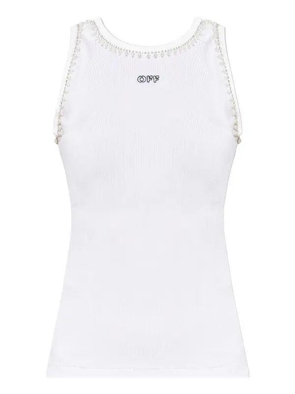 Off-White Embellished Sleeveless Ribbed Top - White