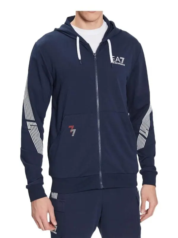 EA7 Hooded Zipper Hoodie With Logo Detail - Blue