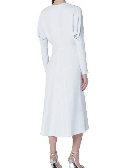 Victoria Beckham Round Neck Draped Shoulder Long Sleeve Dress - White