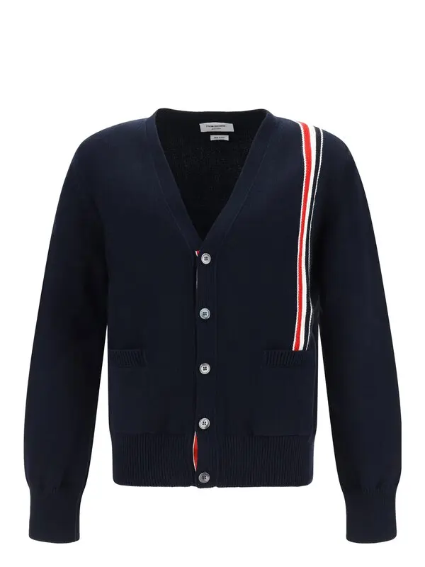 Thom Browne V-neck Striped Intarsia Cardigan - Navy Blue