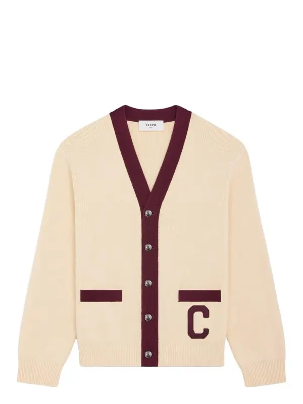 Celine College Cardigan In Cotton - Off-white/burgundy