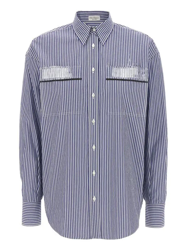 Brunello Cucinelli Striped Shirt With Monile Detail - Blue